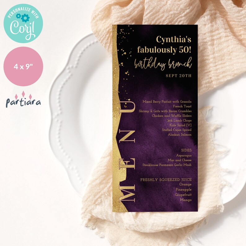 Royal Purple Gold Menu Card Editable Birthday Menus Bridal - Etsy