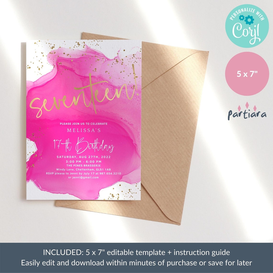 17th Birthday Invitation Pink Gold Girl's Seventeenth | Etsy
