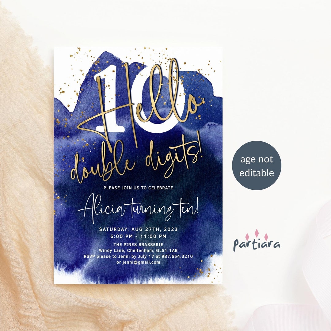 Blue 10th Birthday Invitation Double Digits Party Printable, Hello ...