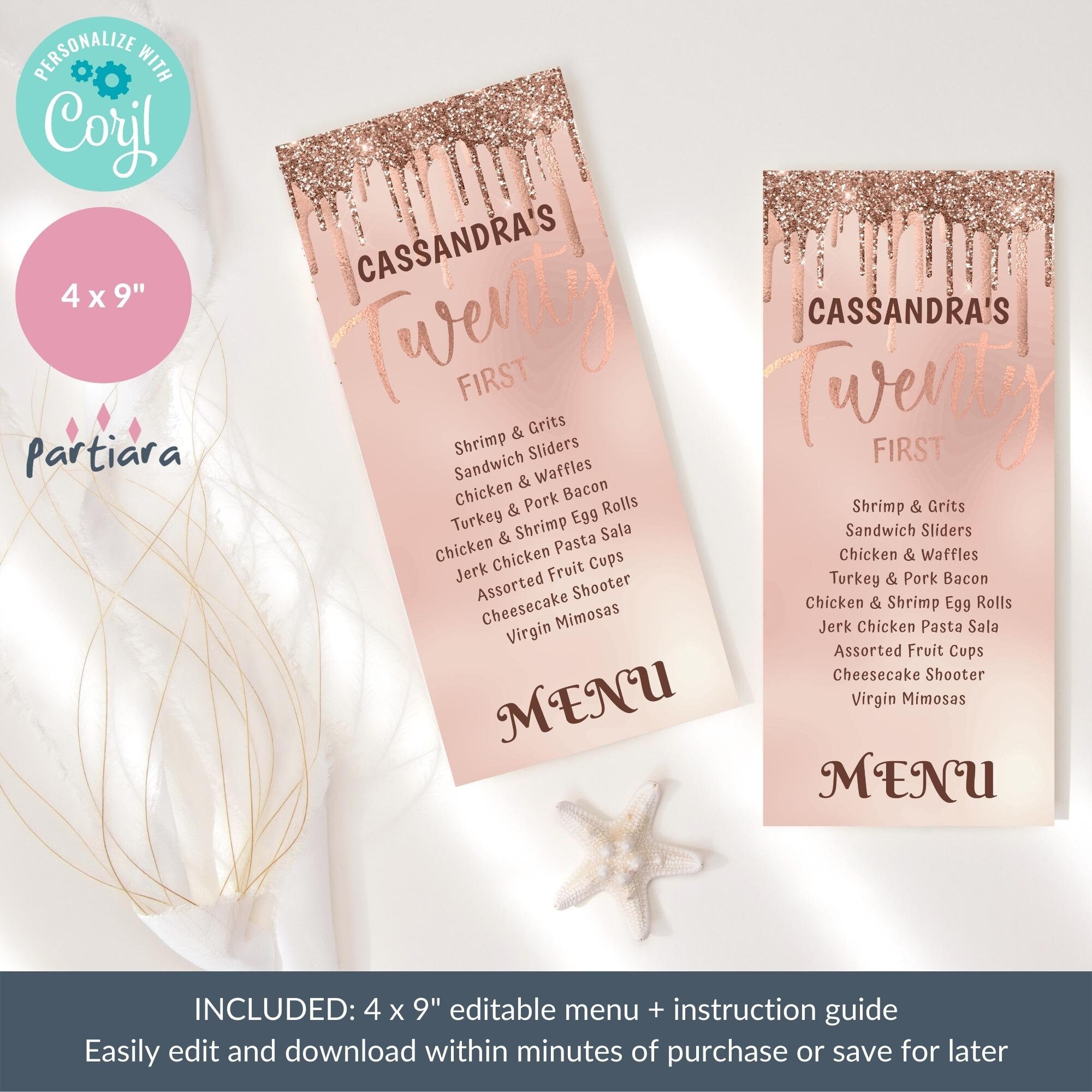 Rose Gold 21st Birthday Party Menus Printable Ladies Dinner | Etsy