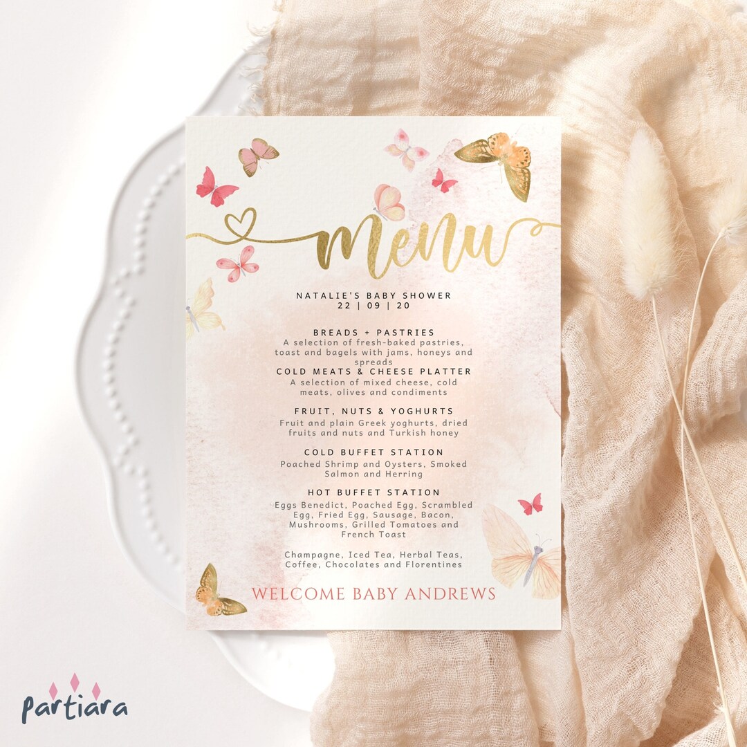 Butterfly Menu Peach Birthday Menus Printable, Girl Baby Shower Pastel ...
