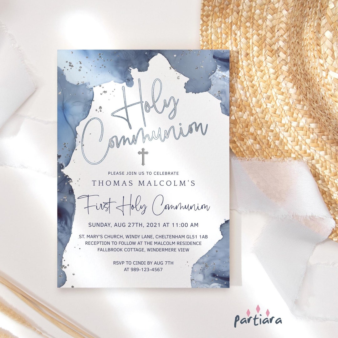 Holy Communion Invitation, Boys First Communion Invite Printable, Navy ...