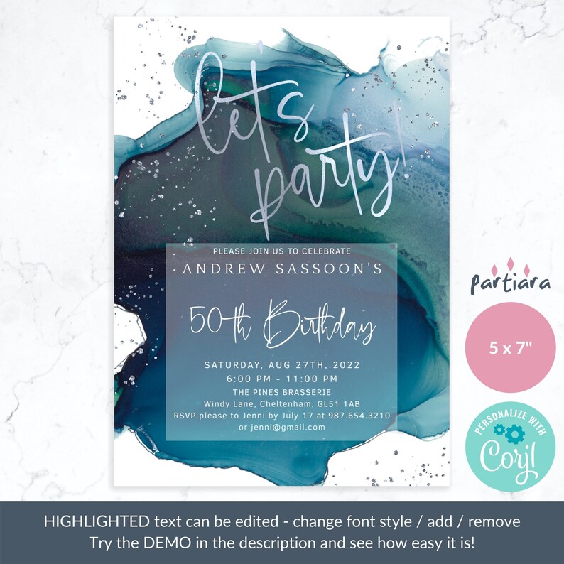 Blue Silver Birthday Invite Printable Men or Ladies Teal Blues - Etsy