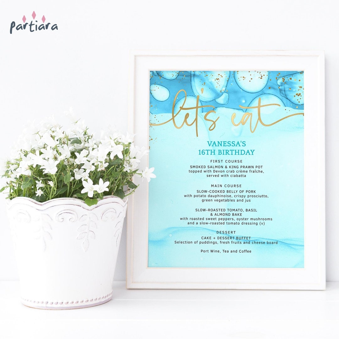 Pool Party Menu, Buffet Table Menu Sign Template, Sky Blue Birthday ...