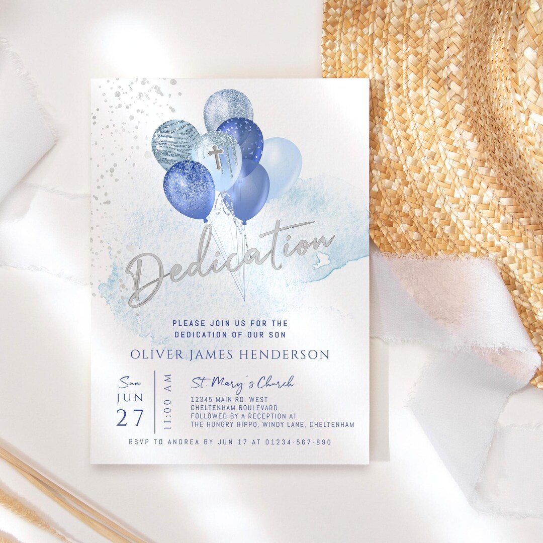 Dedication Invitation Template, Baby Boys Invite Printable, Blue Silver ...