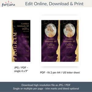 Purple Birthday Program Template, Editable Photo Programs Card ...
