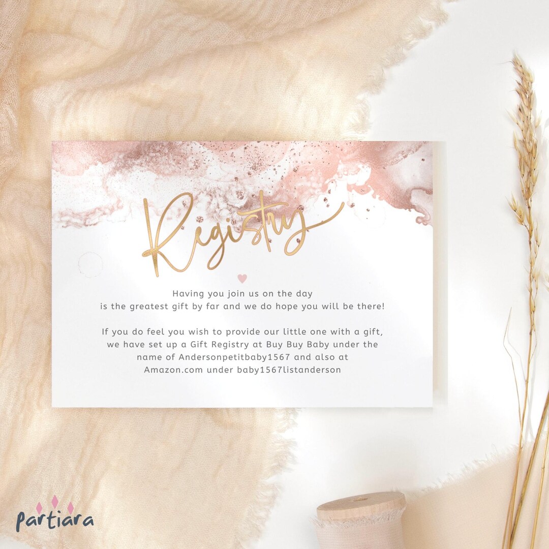 Rose Gold Registry Insert Card Girl Baby Shower Details Editable ...
