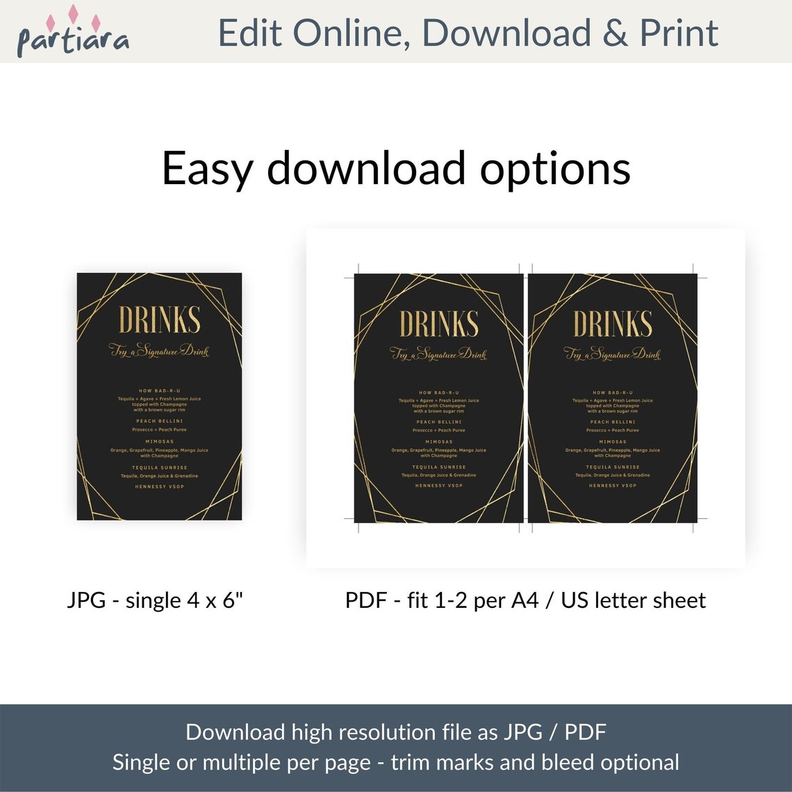 Black Gold Signature Drinks Menu Birthday Cocktails Bar Menus Printable ...