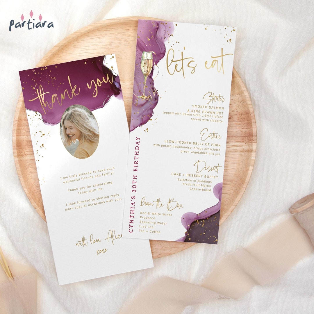 Ladies Purple Menu With Thank You Card Photo Printable Slim Birthday ...