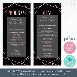 Menu Program Card Rose Gold Printable Ladies Birthday Dinner Party ...