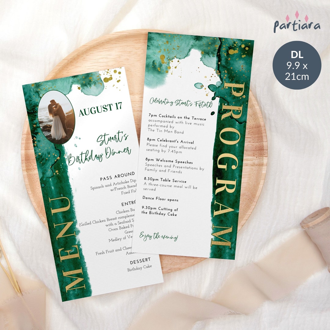 Photo Menu Program Template, Emerald Green Gold Birthday Table Menus ...