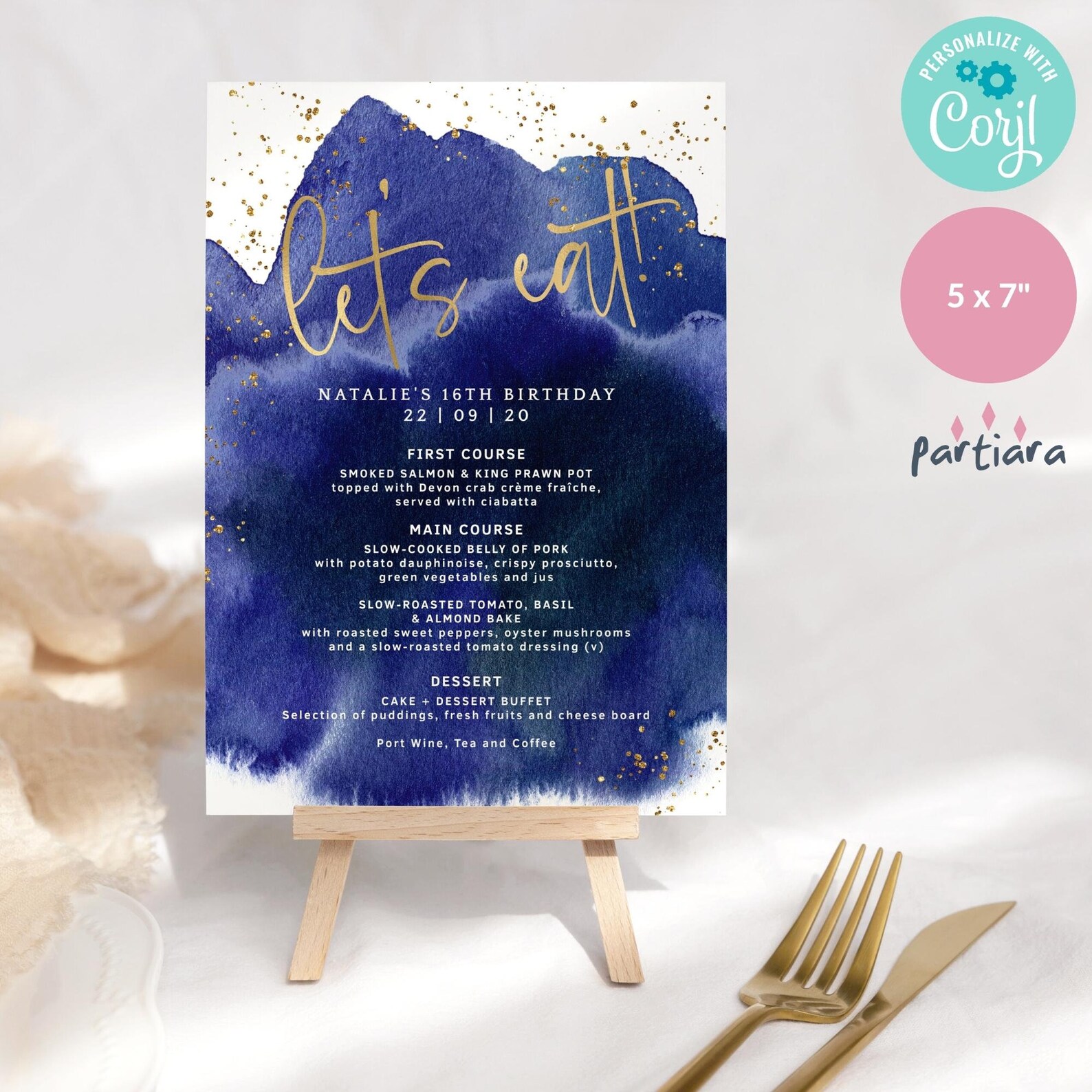 Royal Blue Dinner Party Menus Printable Blues and Gold - Etsy