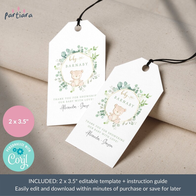 Greenery Teddy Tags Boy Baby Shower Favor Gifts Thank You Tag - Etsy