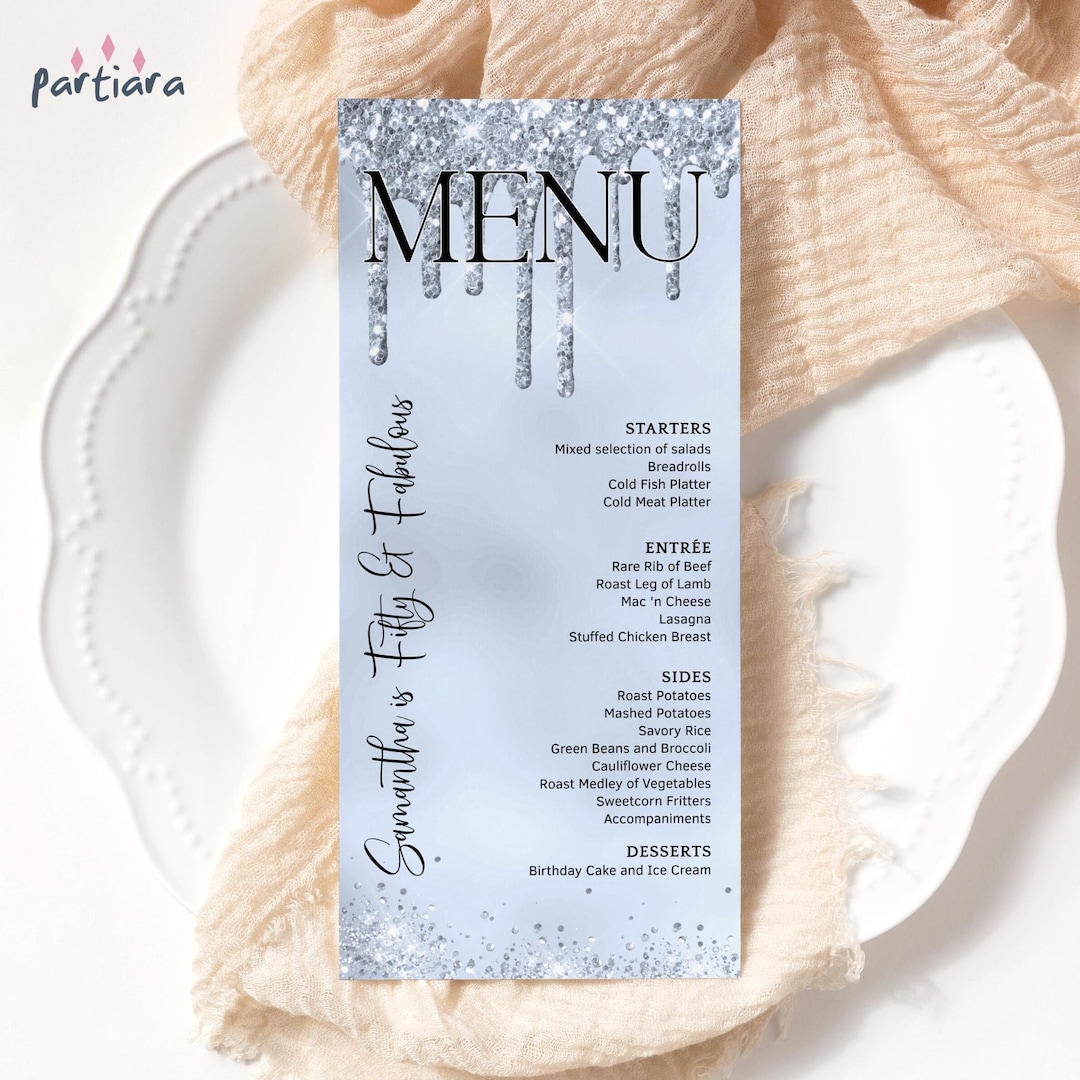 Silver Menu Card Printable Ladies Birthday Dinner Party Table Plate ...