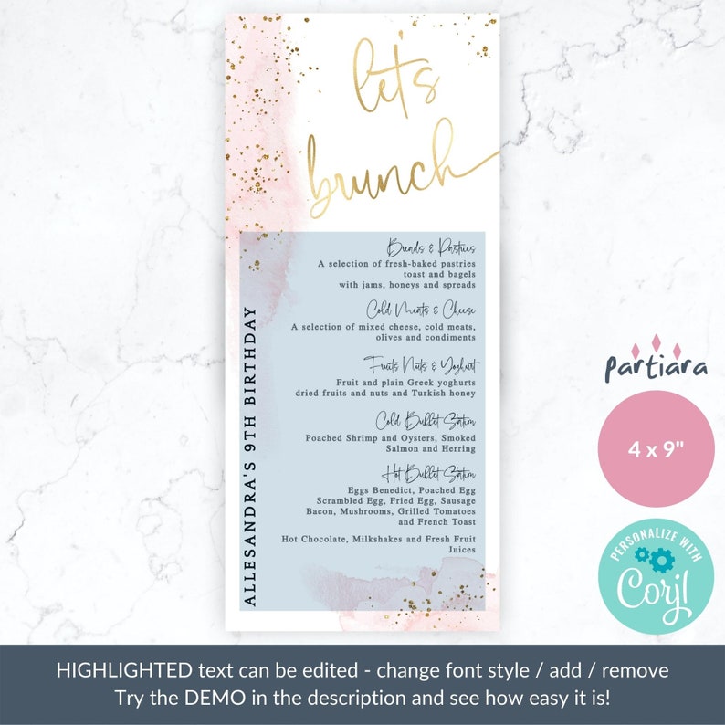 Birthday Brunch Menu Card Printable Girl Party Table Menus | Etsy