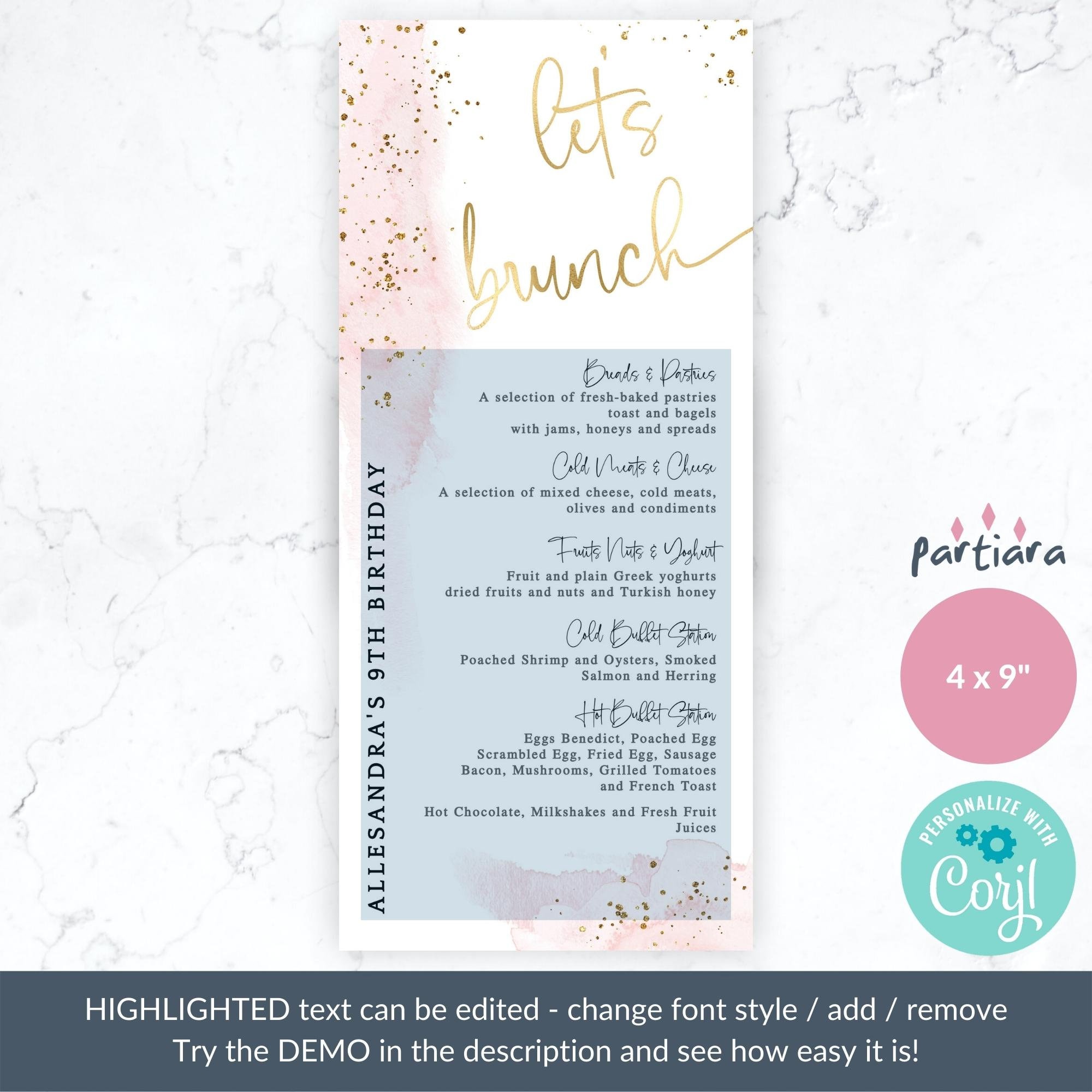 Birthday Brunch Menu Card Printable Girl Party Table Menus | Etsy