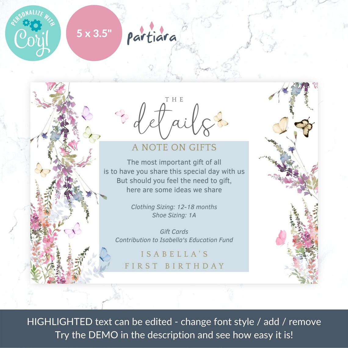 Butterfly Wildflowers Invite Insert Card Printable 1st - Etsy