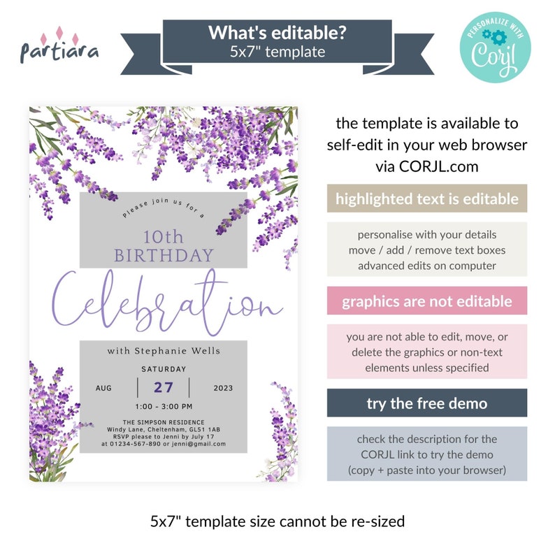 Editable Lavender Birthday Invite Template Girls or Ladies - Etsy