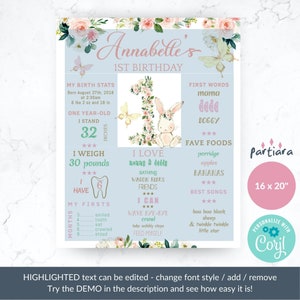 1st Birthday Milestone Chart Bunny Party Printable, Girls Birth Stats ...