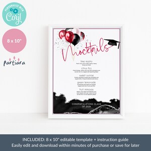 Graduation Mocktail Menu Sign, Mocktails Bar Menus Table Poster, Black ...