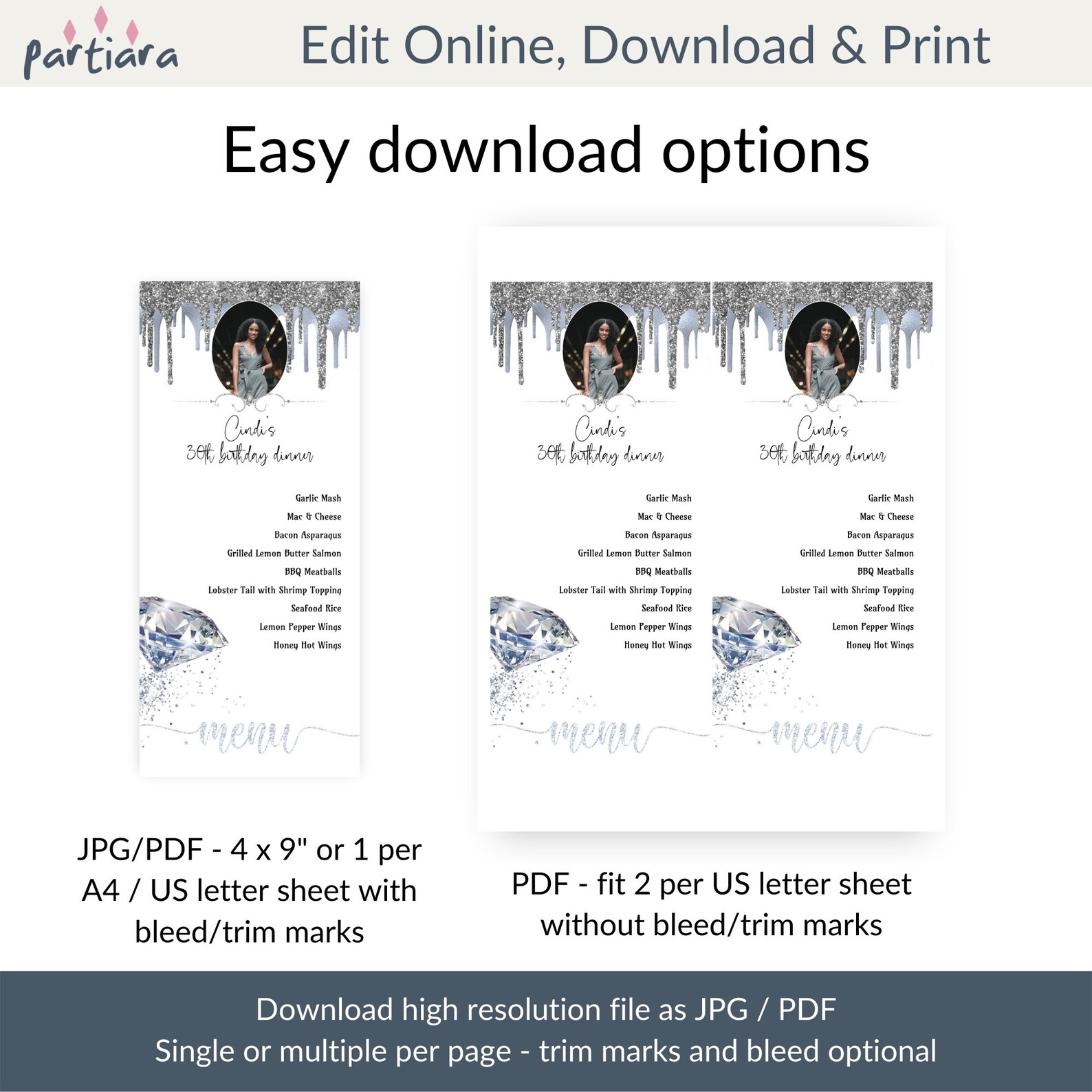 Birthday Diamond Menu Editable Photo Table Menus Printable - Etsy