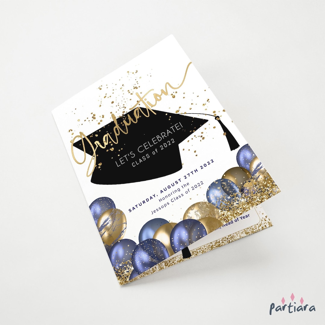 Graduation Program Self Editable Navy Blue Gold College High School or ...