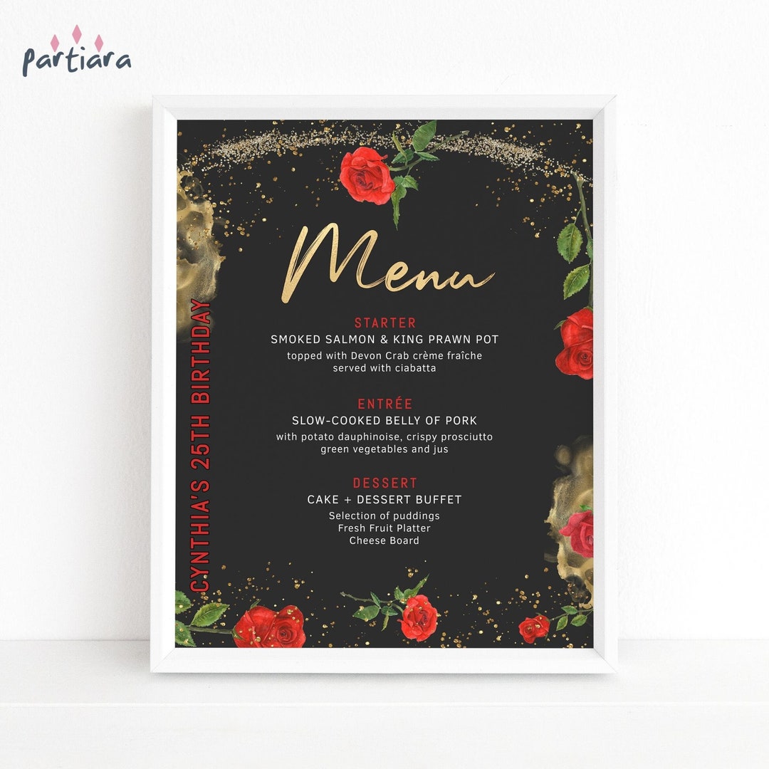 Black Reds Dinner Party Menu Template, Ladies Birthday Buffet Events ...
