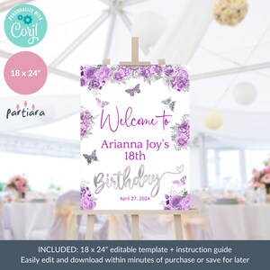 Butterfly Birthday Sign Welcome Party Printable, Girls Purple Floral ...