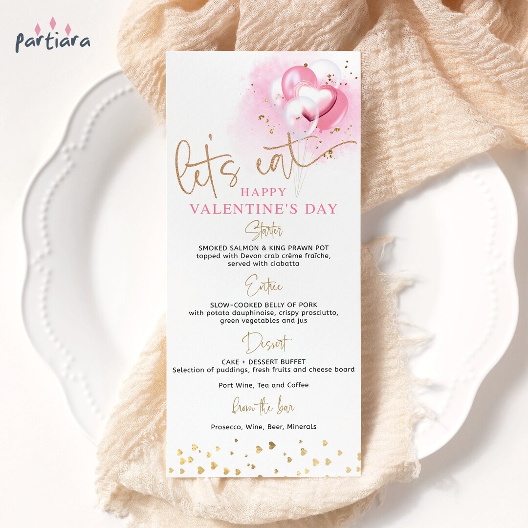 Teen Girls Menu Card Valentines Day Party Menus Sweetheart Baby Shower ...