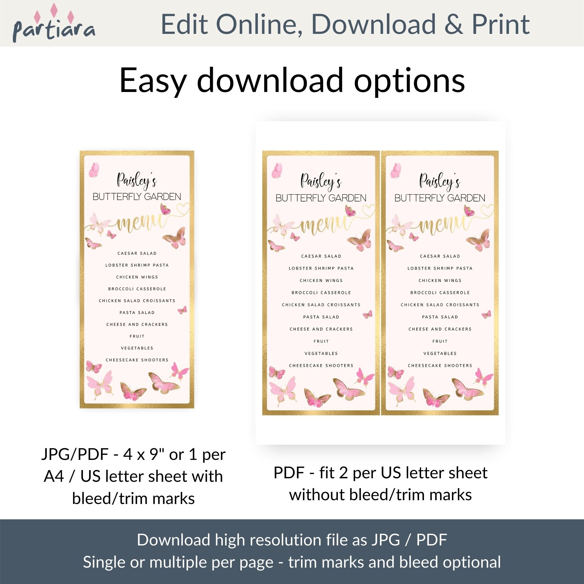 Birthday Menu Butterfly Template, Girls Dinner Party Menus Printable ...