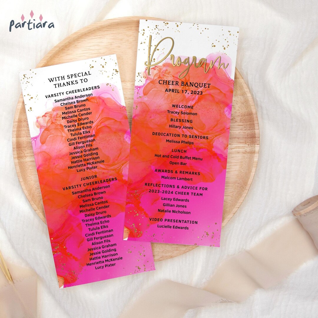 Pink Orange Program Card Printable, Birthday Banquet Table Programs ...