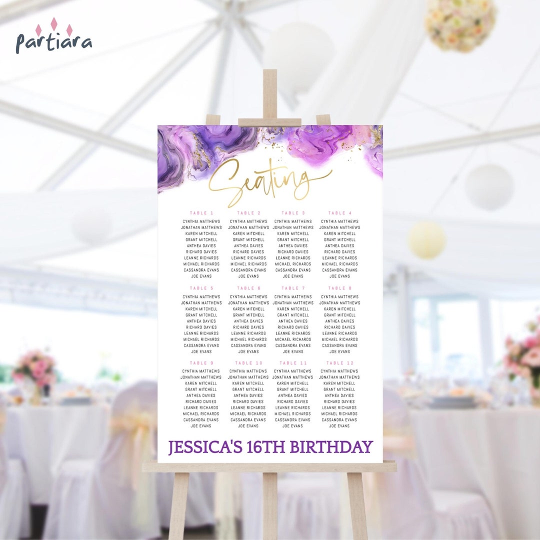 Seating Sign Birthday Seating Chart Girls Ladies Pink Purple Party ...