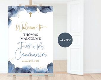 First Communion Welcome Sign Boy Baptism Welcome Poster Blue and Silver ...