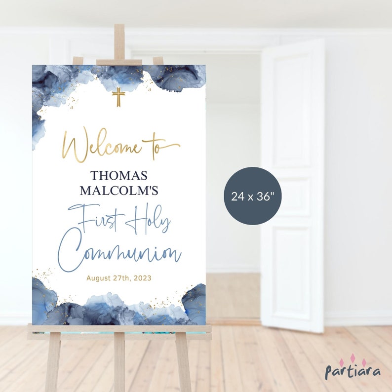 First Holy Communion Welcome Sign Boy Navy Denim Blue and Gold - Etsy
