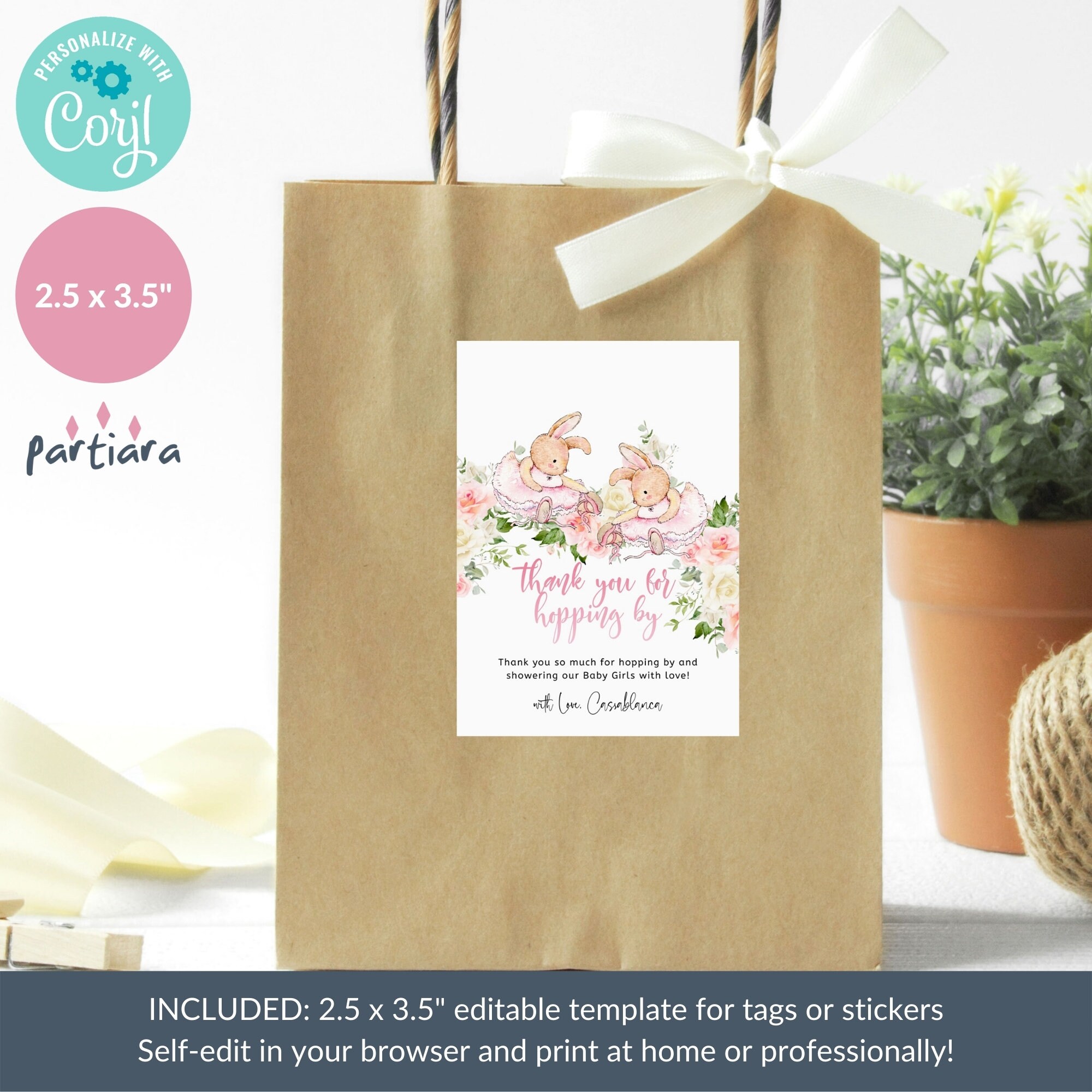 Girl Bunny Floral Favor Gift Tag Printable Twin Bunnies Thank - Etsy