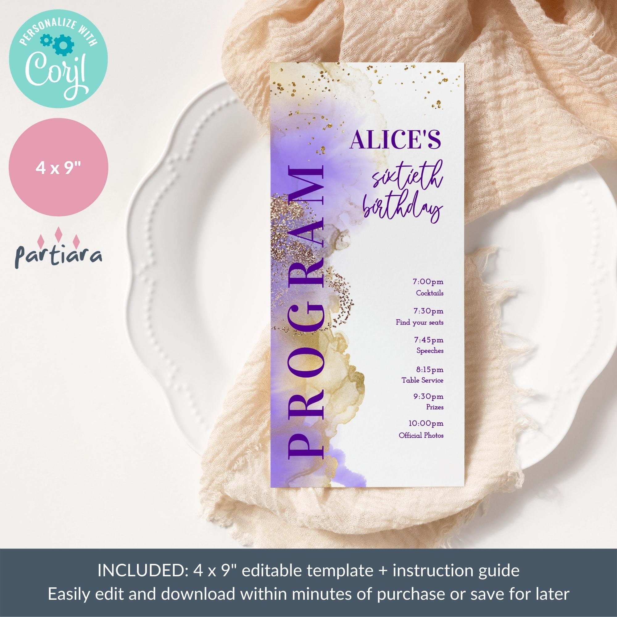 Purple Gold Program Card Editable Template Ladies Graduation - Etsy