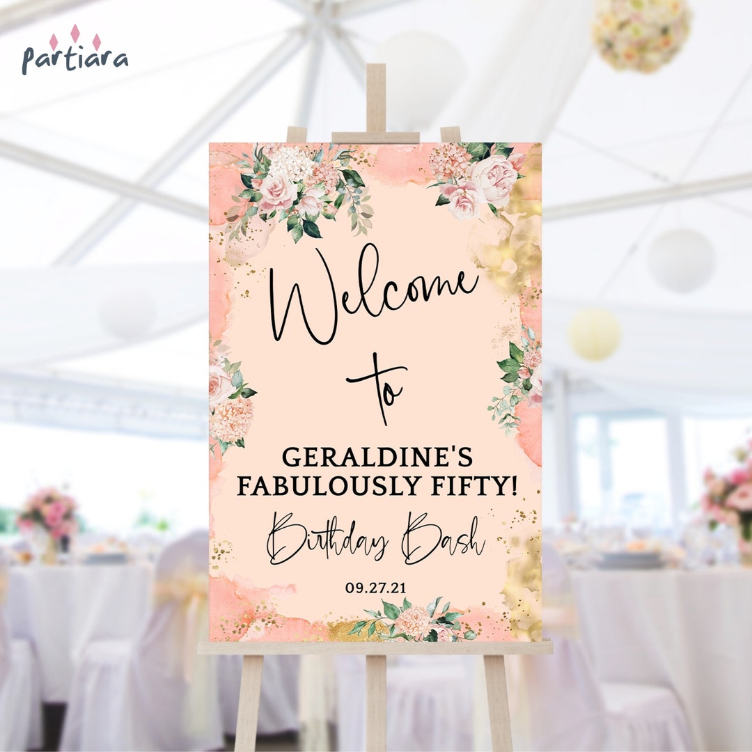 Peach Floral Welcome Sign, Ladies Birthday Party Welcome Board, Brunch ...