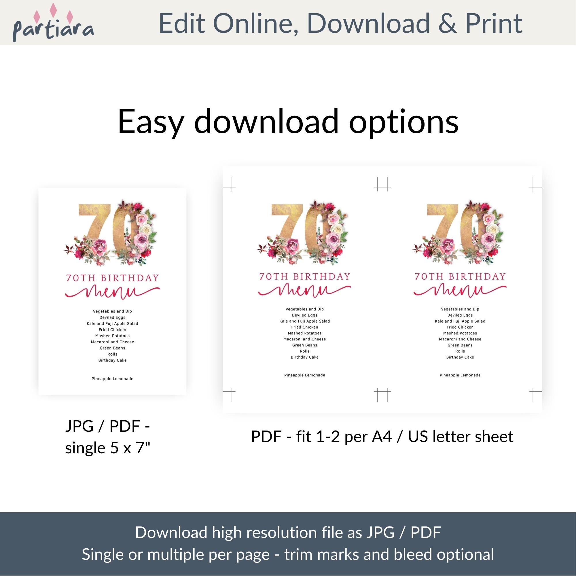 70th Birthday Menu Template, Ladies Brunch Lunch or Dinner Party ...