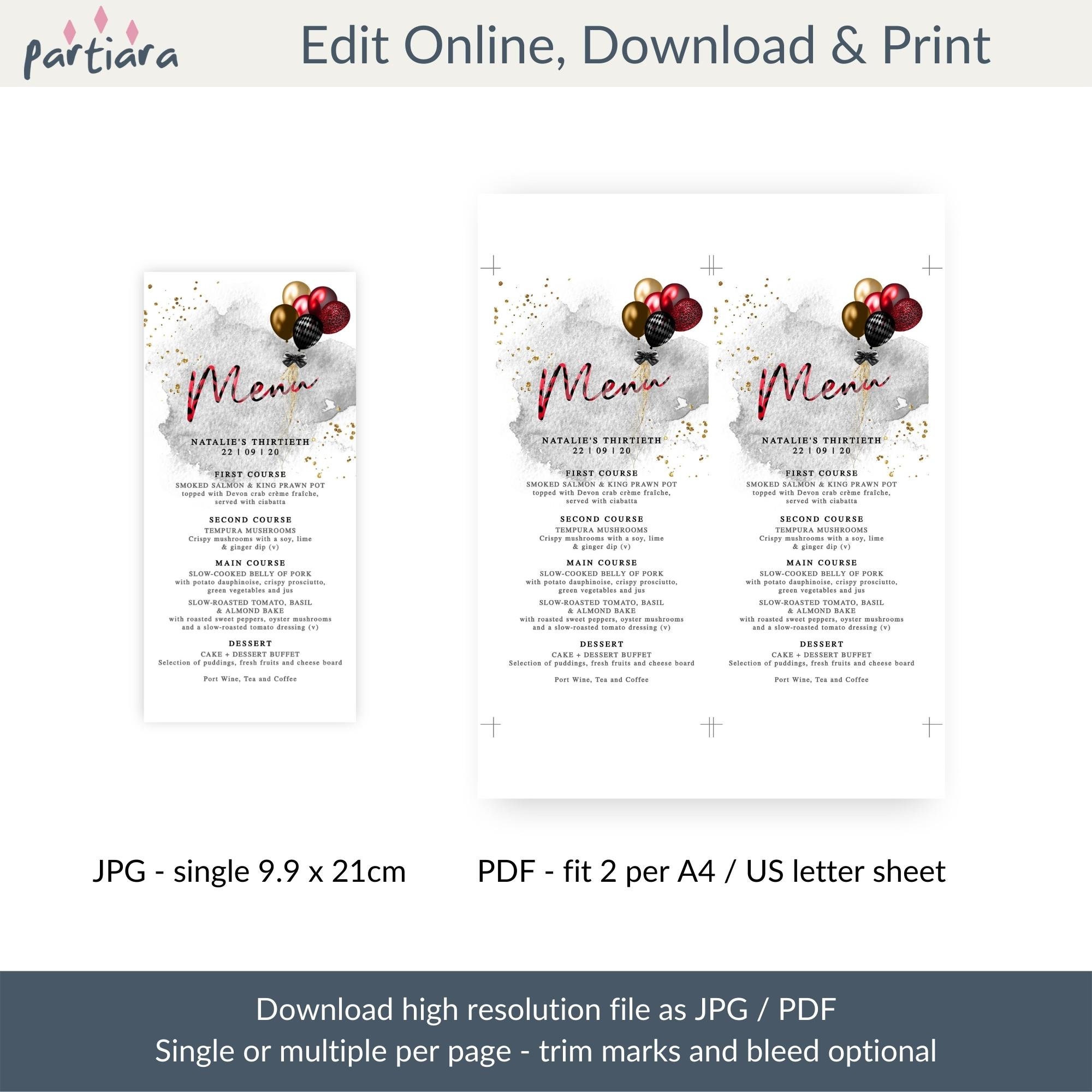 Editable Birthday Holidays Party Menu Black Red Gold Balloons - Etsy