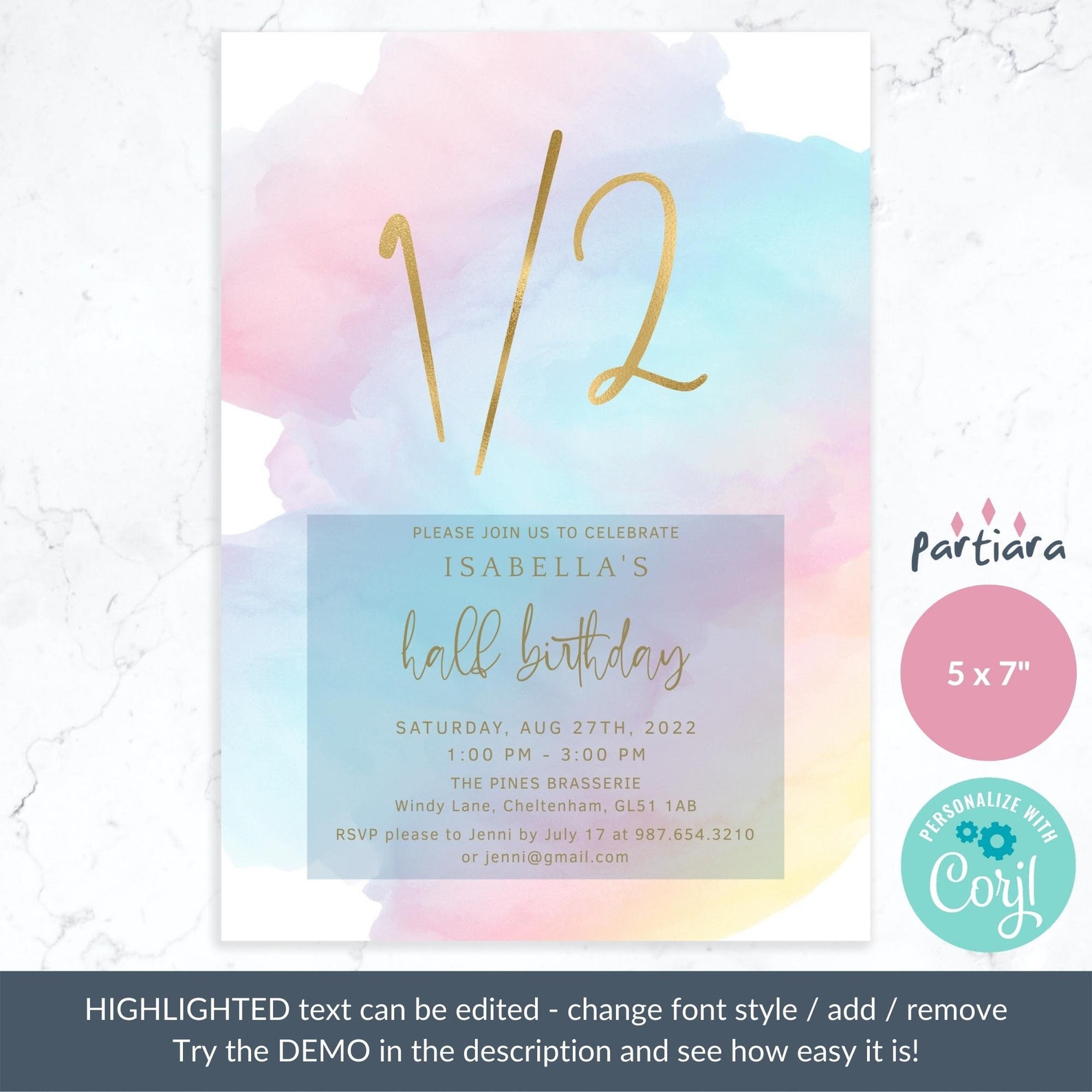 Half Birthday Invitation Girls 1/2 Birthday Party Invite Printable ...