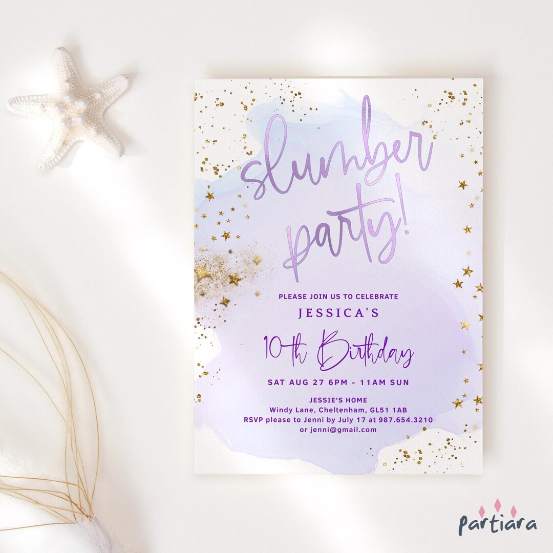 Purple Slumber Party Invite for Girls, Teens Birthday Sleepover Pajama ...