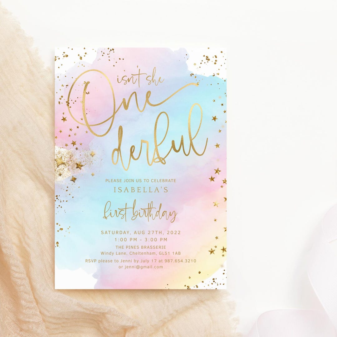 Editable Rainbow Onederful 1st Birthday Invite Template Girl First ...