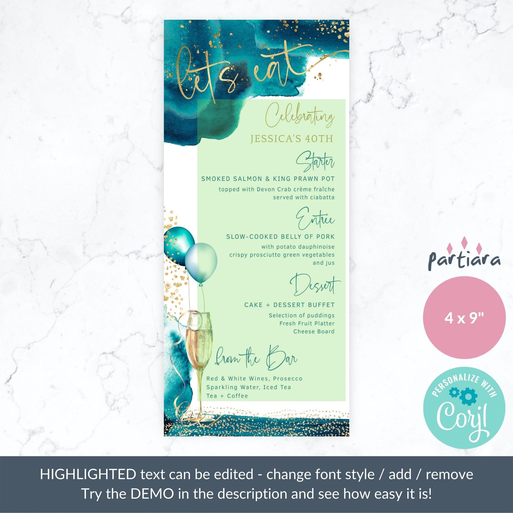Birthday Menu Cards Editable Teal Gold Party Table Menus | Etsy