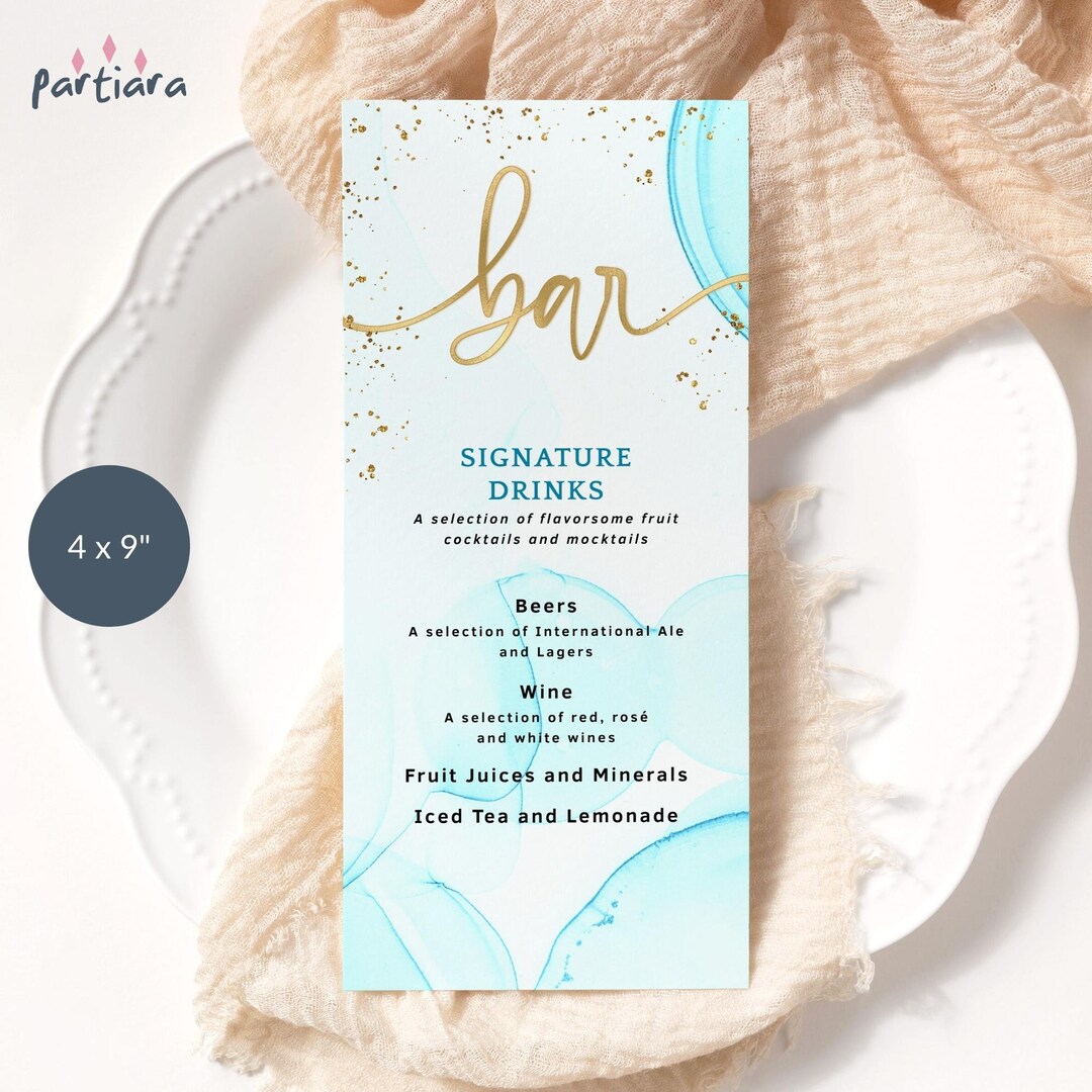 Sky Blue Bar Menu Editable, Birthday Dinner Party Drinks Slim Table ...