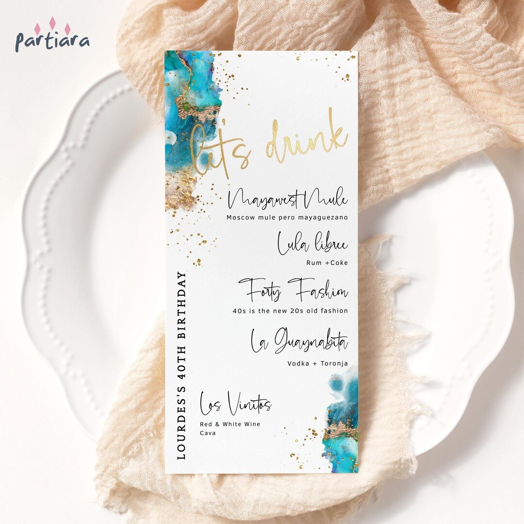 Turquoise Drinks Menu, Birthday Dinner Bar Menus Printable, Lets Drink ...