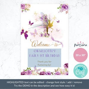 Fairy First Birthday Welcome Sign Printable Girl's 1st Butterfly Floral ...