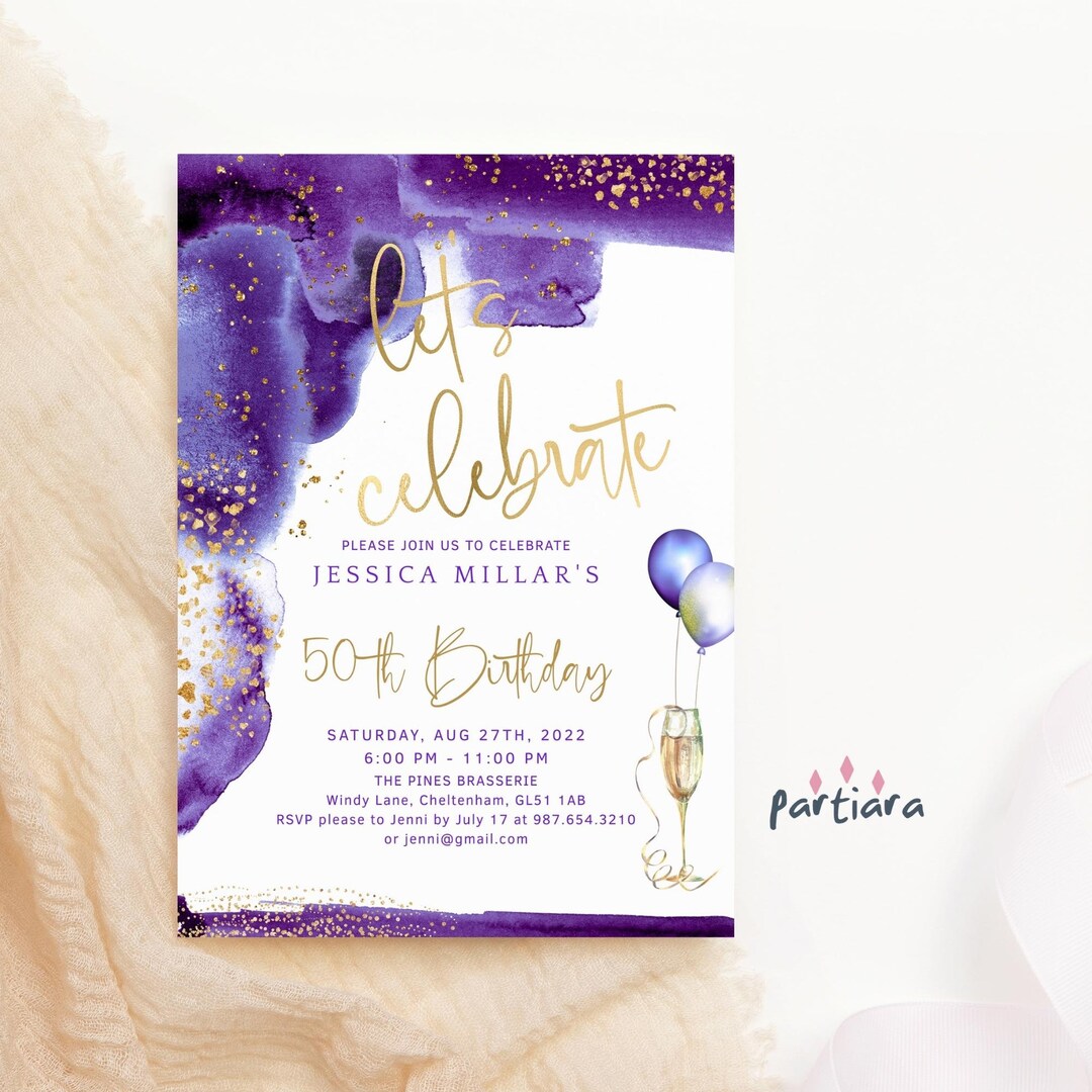 Purple Gold Birthday Invitation Ladies Let's Celebrate Printable Party ...