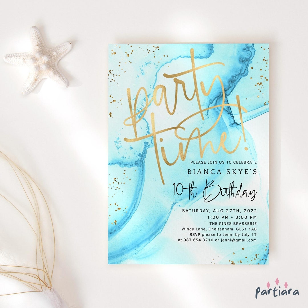 Sky Blue Birthday Invitation Printable Party Time Invites for Girl's ...