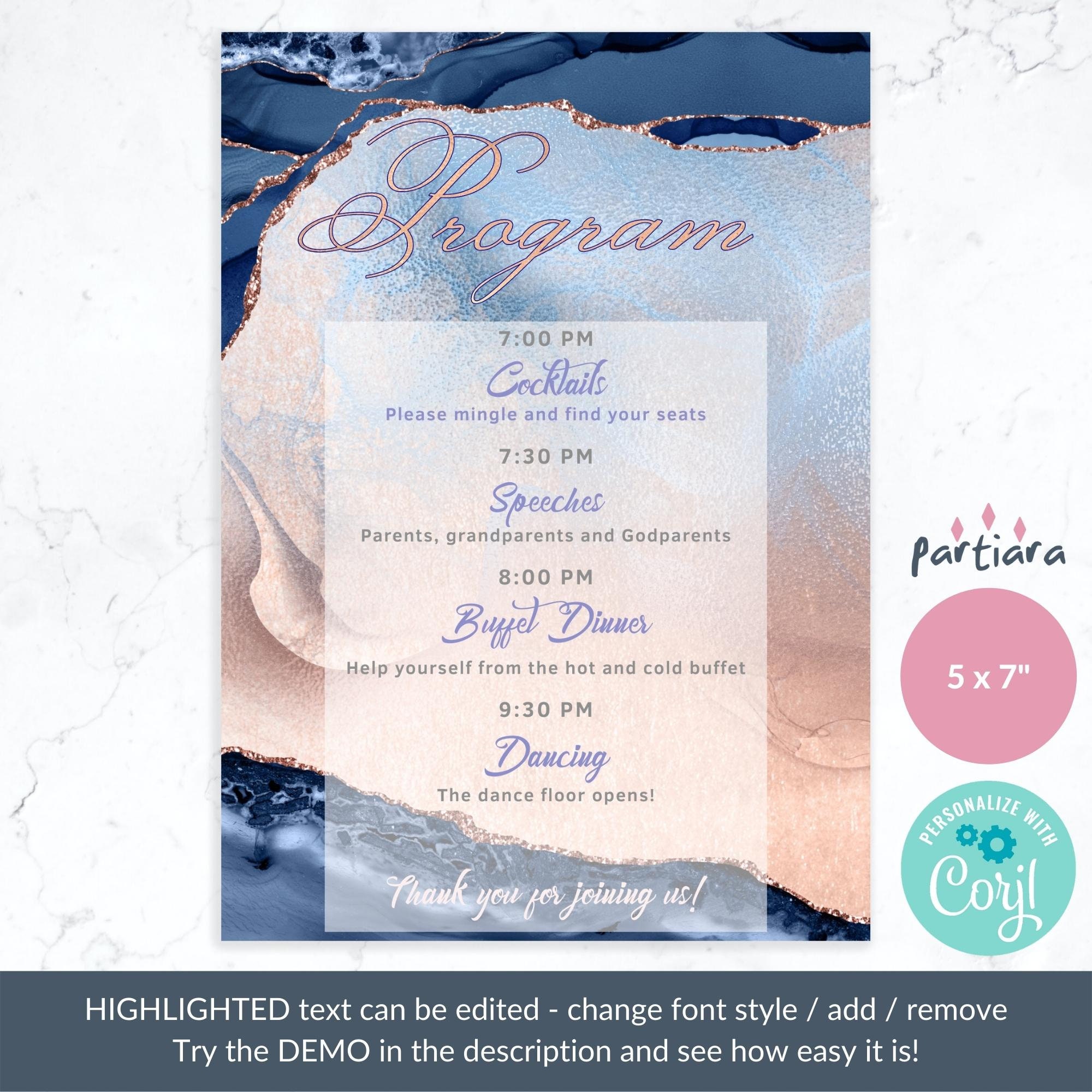 Blush Pink Blue Birthday Program Card Editable Template Ladies - Etsy