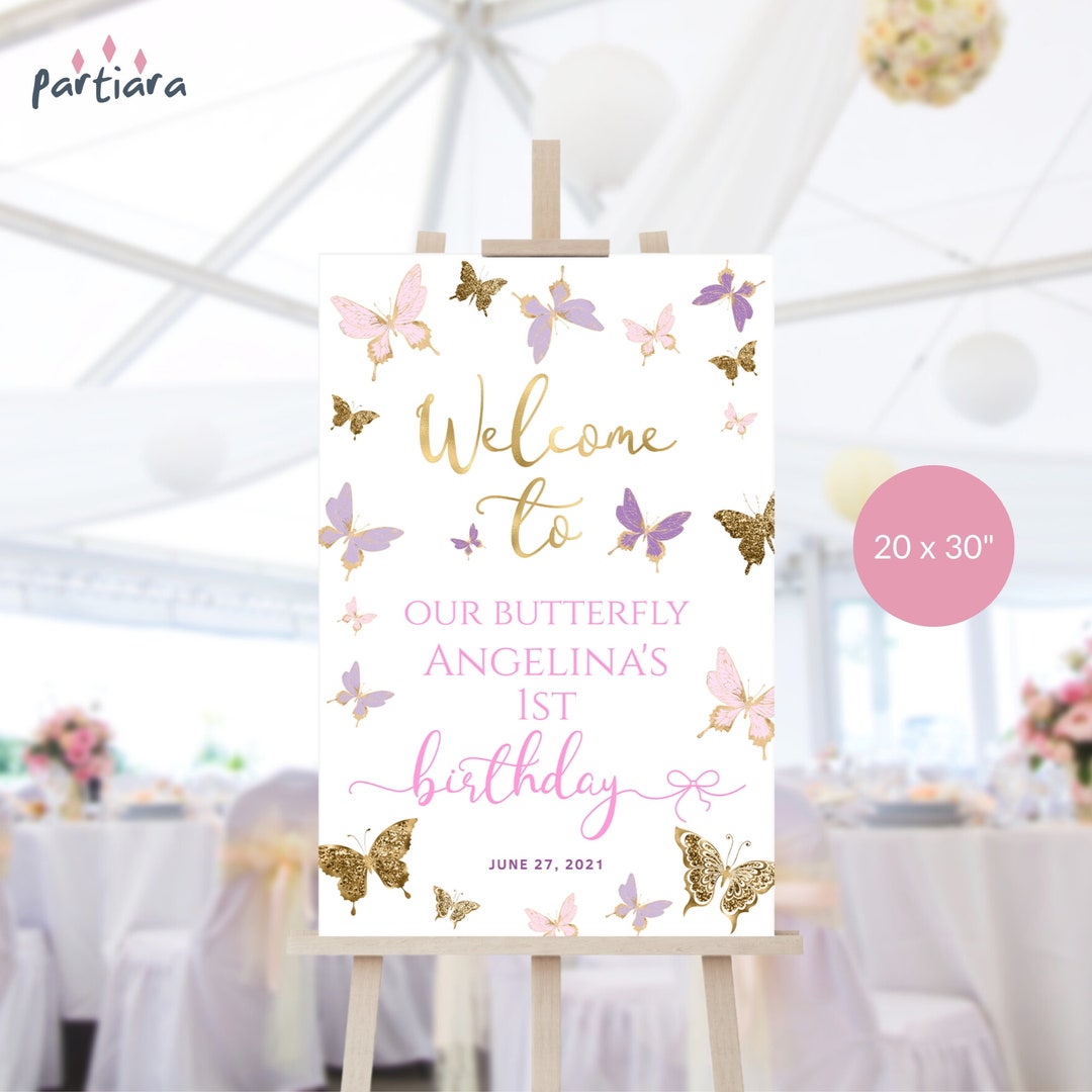 Letrero de bienvenida con mariposas, póster imprimible para fiesta de ...